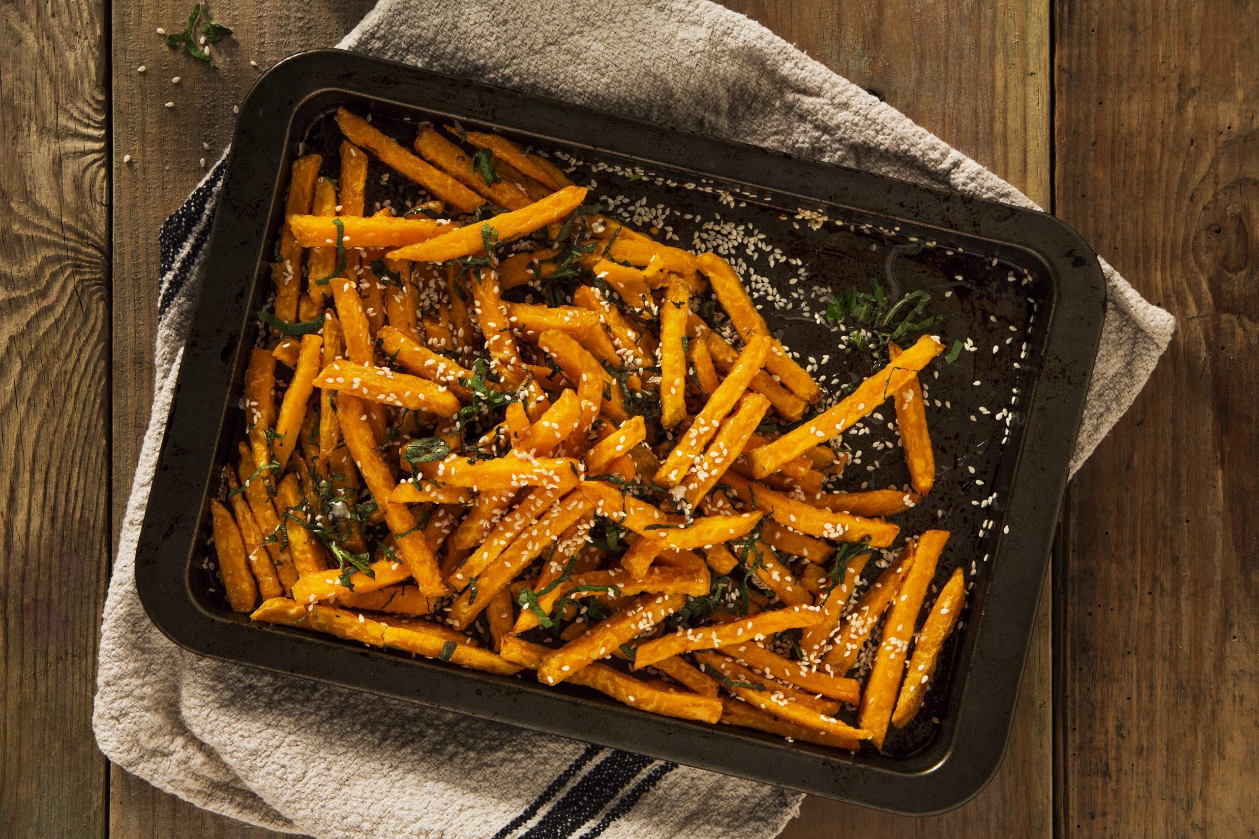 Sweet Potato Fries with Honey, Sesame Seeds & Mint | Strong Roots