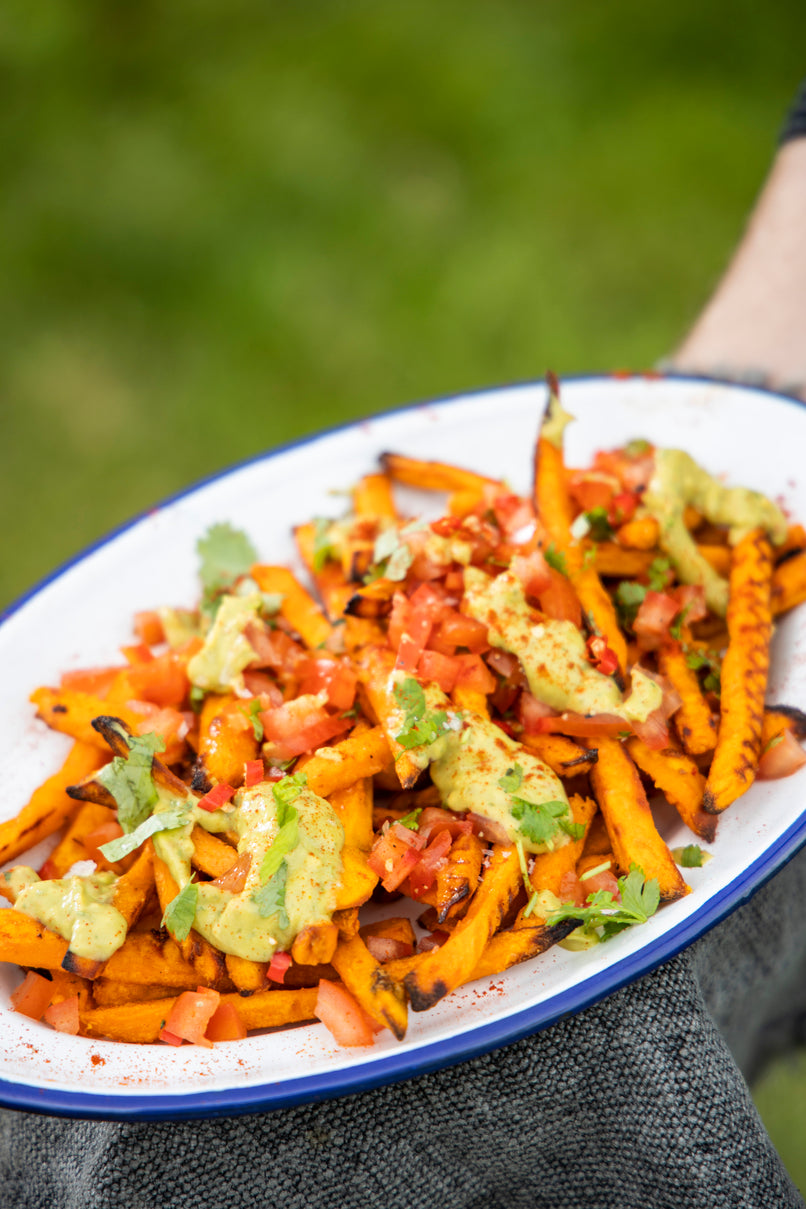 Loaded Nacho-Style Sweet Potato Fries | Strong Roots